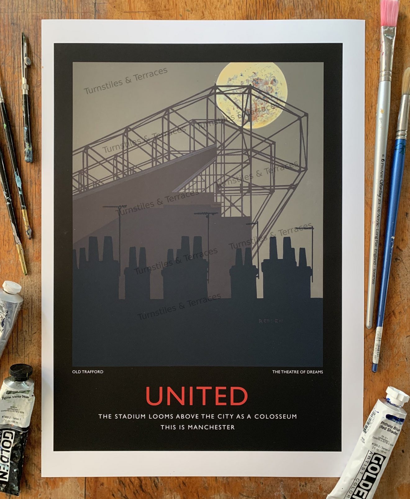 Manchester United Old Trafford Retro Fine Art Print - Turnstiles and ...